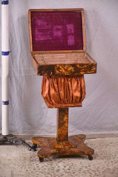 Early tortoise shell pattern lift-top sewing stand; 55-11636 - R.H. Lee ...