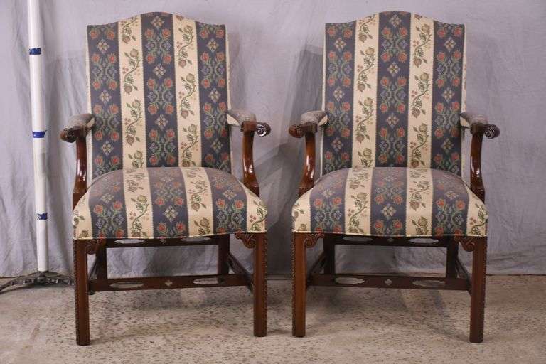 Pair of Southwood carved mahogany open armchairs with striped floral ...