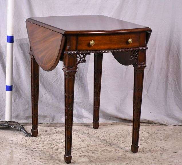 Maitland-Smith inlaid crotch mahogany single drawer drop leaf side ...