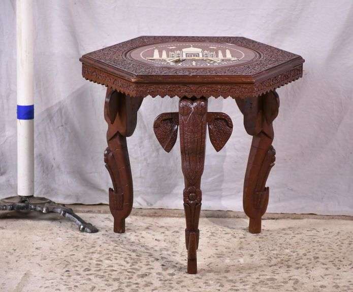Carved elephant-leg side table with inlaid hexagonal top; 869-663 - R.H ...