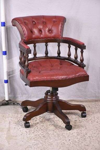 Spindle-back desk chair with tufted burgundy leather seat and back; 68 ...