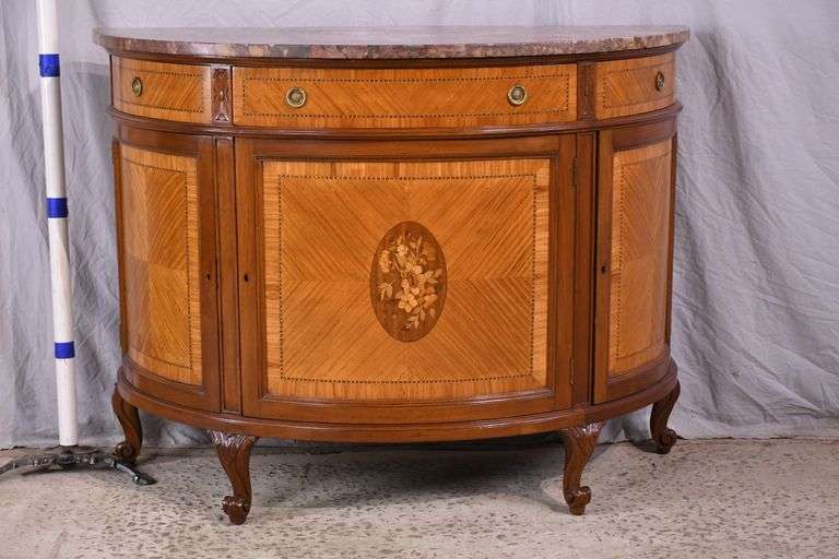 Inlaid satinwood French style demilune marble top dresser with fitted ...