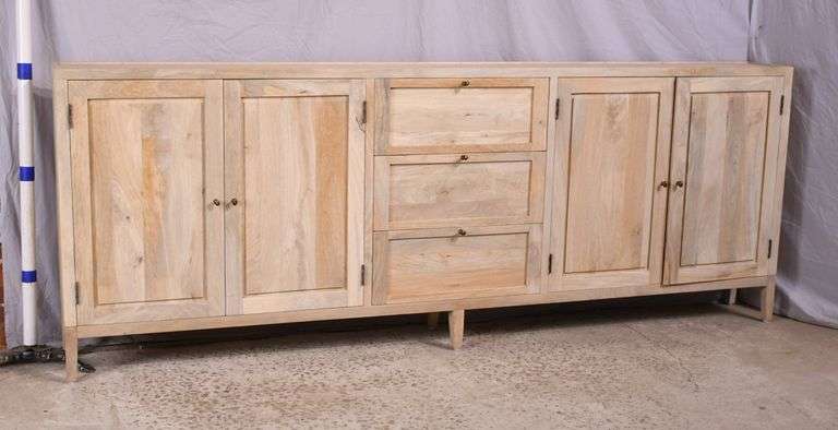 Long natural finish narrow credenza with 3 drawers and 4 raised panel ...