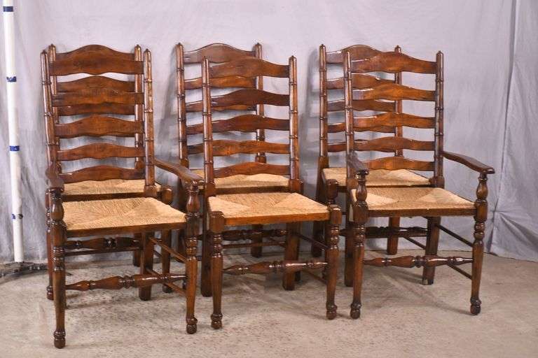 Set of 6 distressed ladderback dining chairs with rush seats; 68-6237B ...