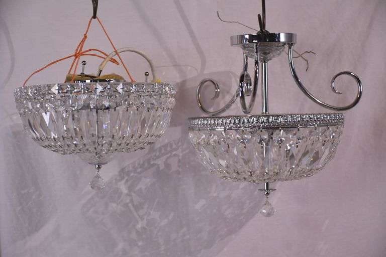Two small silver metal light fixtures with crystal prisms; 200-304 - R ...