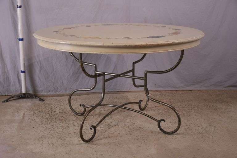 Round decorated top breakfast table with iron base; 68-6249A - R.H. Lee & Co. Auctioneers