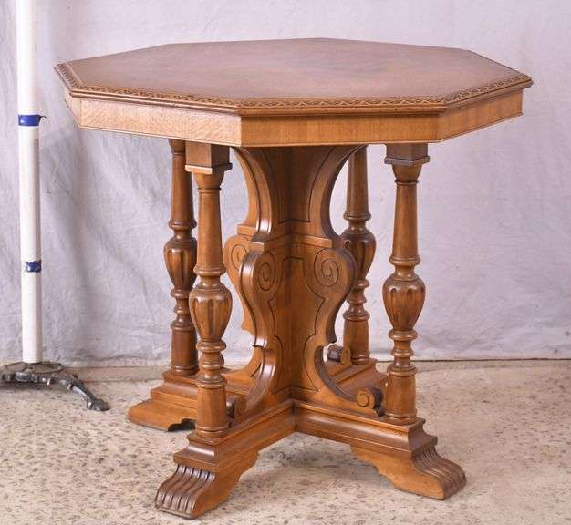 Walnut octagonal lamp table with single pedestal base; 17043-004 - R.H ...