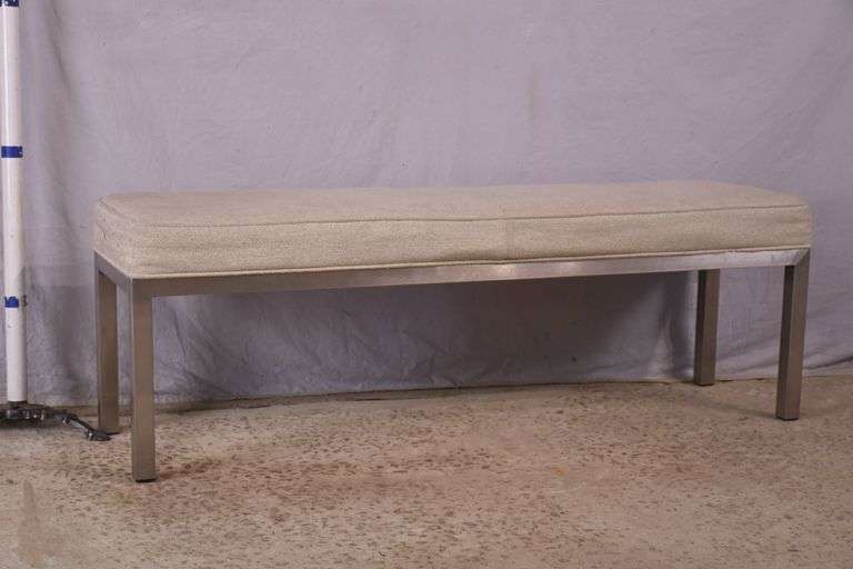 American Leather long silver metal bench with off-white fabric seat; 55 ...