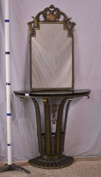 Ornate dark gold metal demilune console with black marble top and ...
