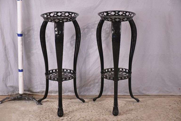 Pair of lightweight ornate black metal two-tier plant stands; 1116-634 ...