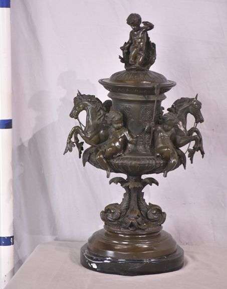 Large bronze urn with lid and black marble base; 55-11980 - R.H. Lee & Co. Auctioneers