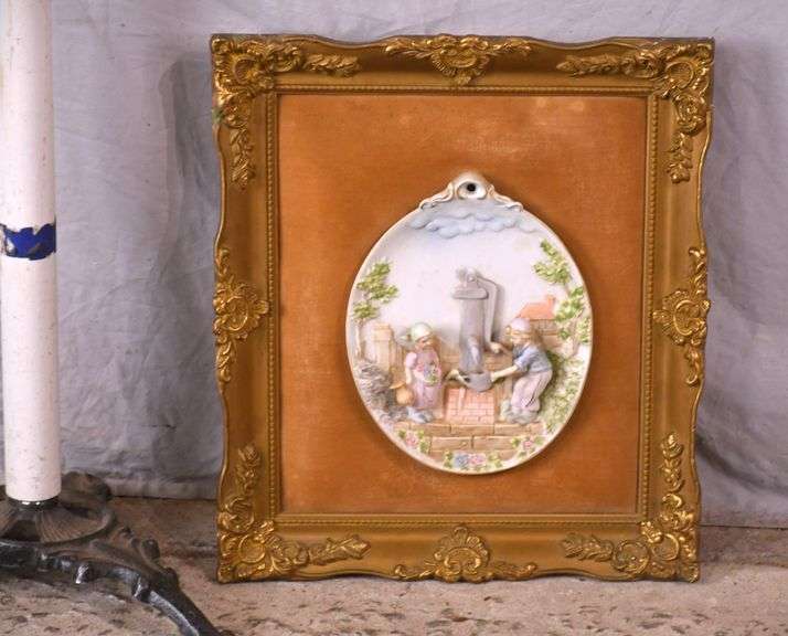 Small framed porcelain relief plate of children at well; 17043-061 - R ...