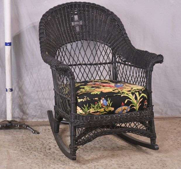 Vintage black wicker rocking chair with Oriental style fabric cushion ...