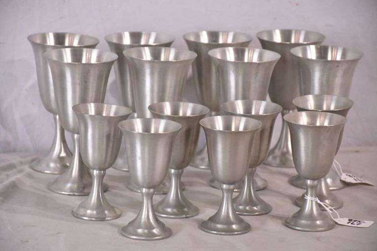 Group of 15 Leonard large and small pewter goblets with weighted bases ...