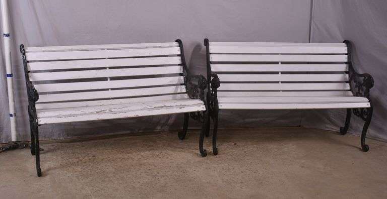 Pair of cast-iron benches with wooden slat seats; 336-4357+ - R.H. Lee ...