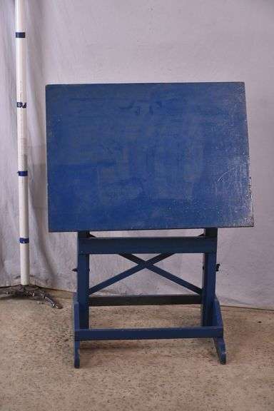 Blue drafting table with adjustable height and tilting top; 155-1023 ...