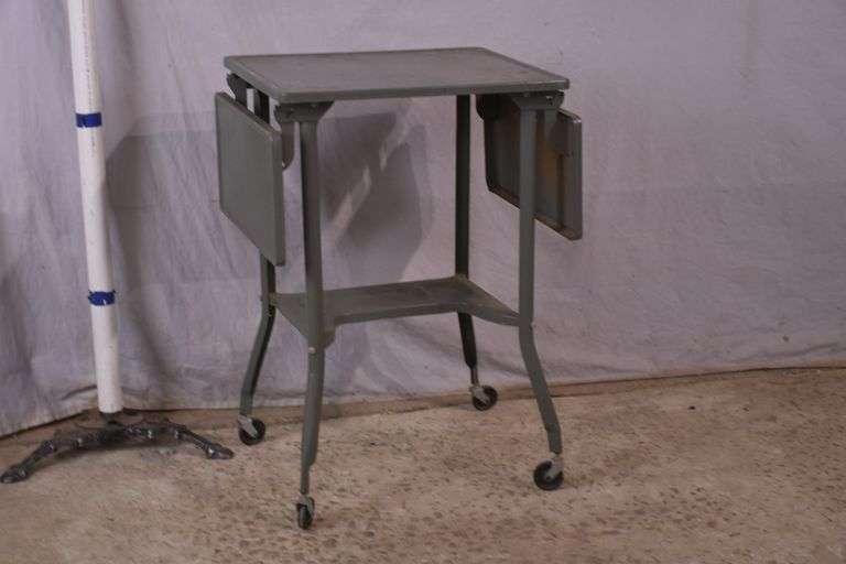 Gray metal typewriter table with folding shelves; 155-1022 - R.H. Lee ...