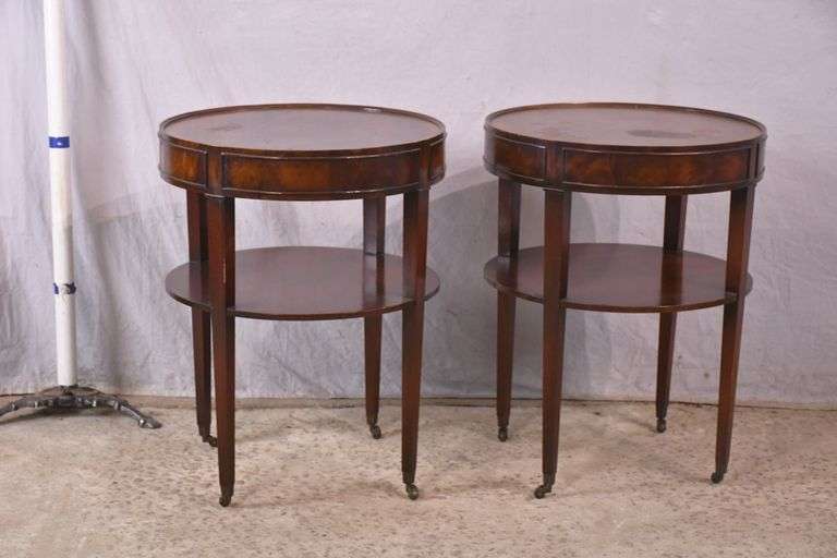 Pair of round mahogany two-tier side tables with banded tops; 15874-019 - R.H. Lee & Co. Auctioneers