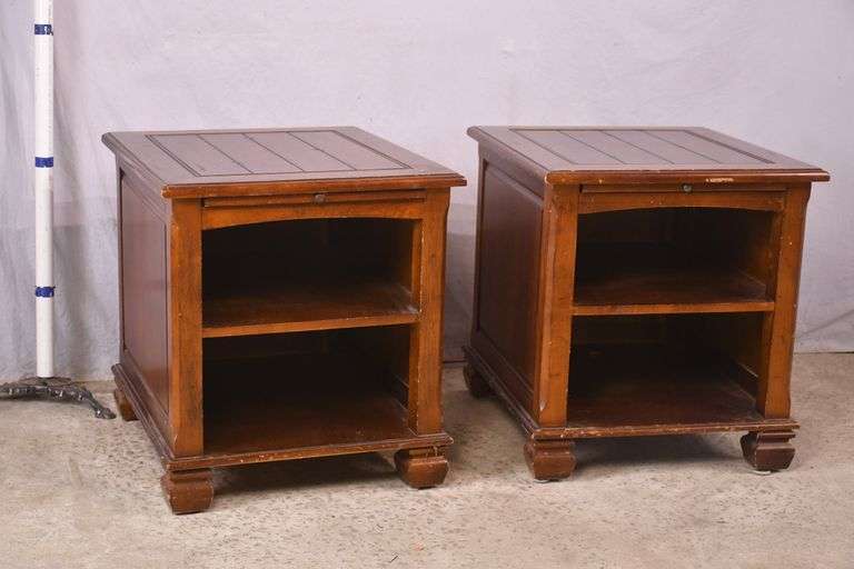 Pair of cherry open-front end tables with slide-out shelves; 16796-017 ...