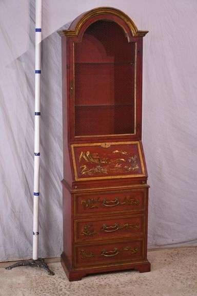 Heritage decorated red and gold chinoiserie slant-front secretary; 396 ...