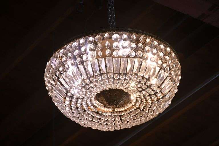 Large round flush mount ceiling light fixture with crystal prisms; 191 ...