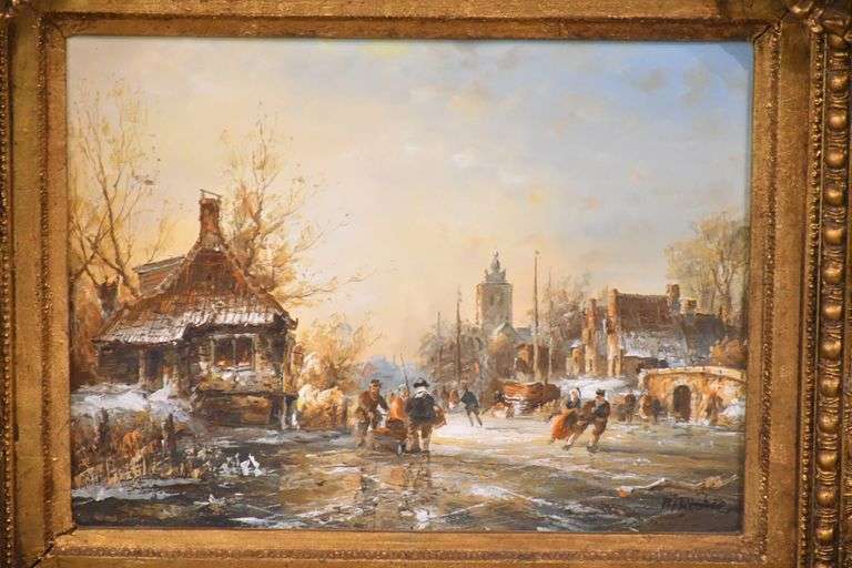 Framed town scene painting on board; 5945-013 - R.H. Lee & Co. Auctioneers