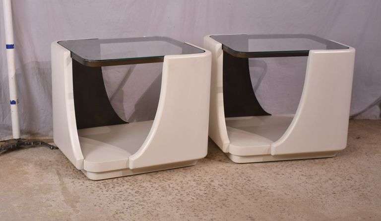 Pair of modern style off-white side tables with glass tops; 52-686 - R ...