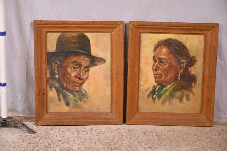 Pair of framed Native American portrait paintings on canvas panels by B ...