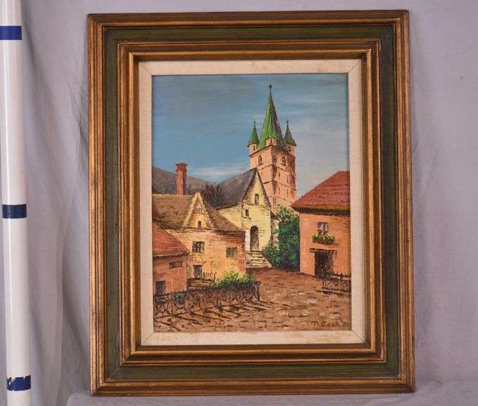 Framed painting on board of a town scene by N. Cook; 17216-166 - R.H ...