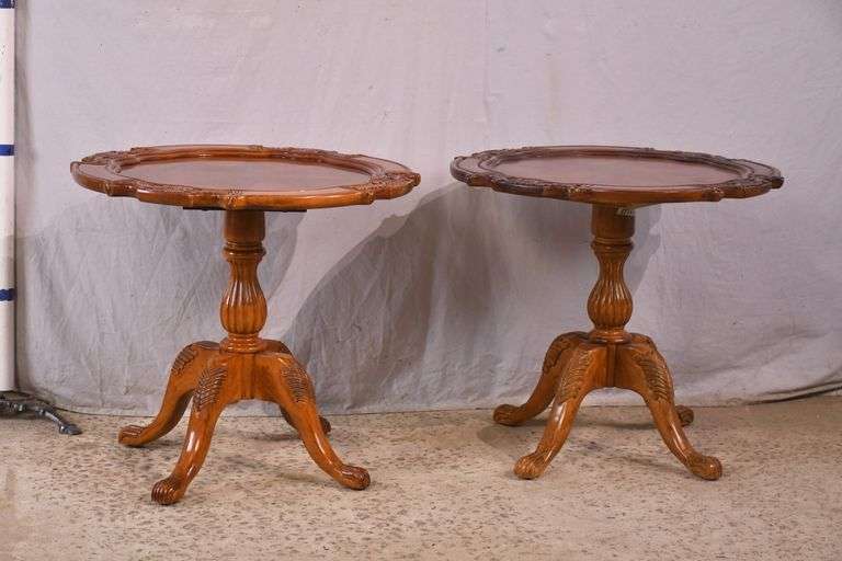 Pair of carved cherry side tables with inlaid tops; 74-12769A - R.H ...