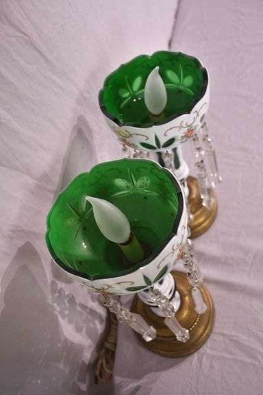 Pair of green and white electric luster lamps with crystal prisms; 68 ...
