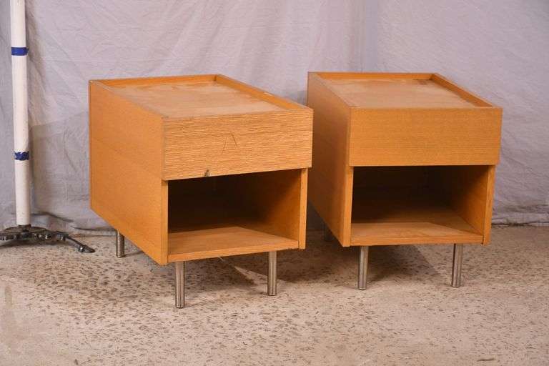 Pair of oak single drawer open front end tables with silver metal legs ...
