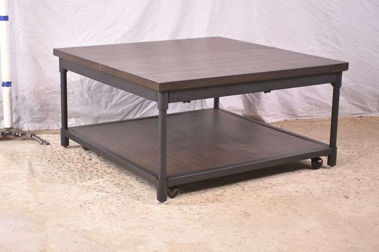 Metal frame two-tier coffee table with pop-up shelf; 1153-089 - R.H ...