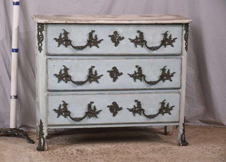 Distressed light blue painted 3 drawer dresser with ornate metal ...