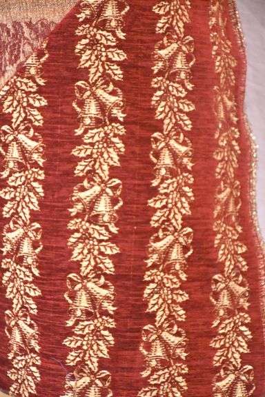Large bolt of red and gold fabric with bells and holly pattern; 68-7109 ...