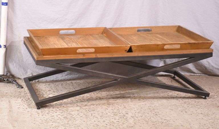 Distressed coffee table with metal "X" base and 2 removable trays ...