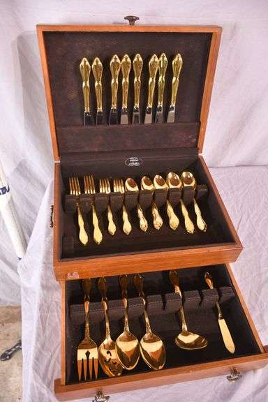 53 piece Oneida gold-toned stainless flatware set with case; 396-1405 ...