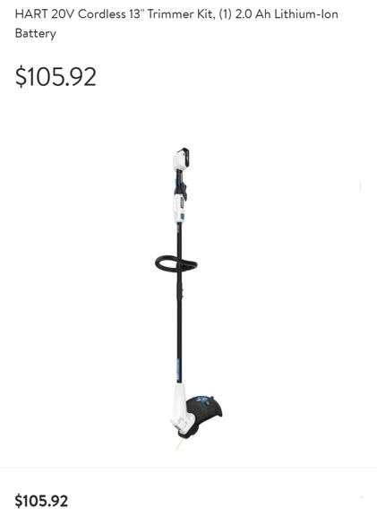 OUT OF BOX!!! HART 20V Cordless 13" Trimmer Kit, (1) 2.0 Ah Lithium-Ion ...