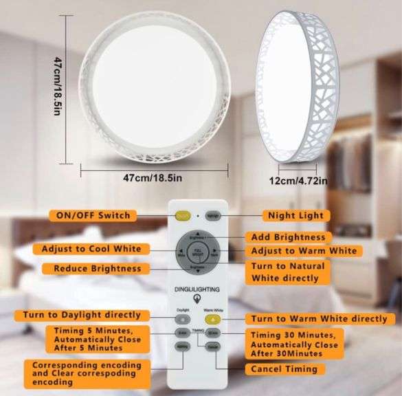DLLT 35W Modern Dimmable Ceiling Light with Remote, 18.5" LED Round ...