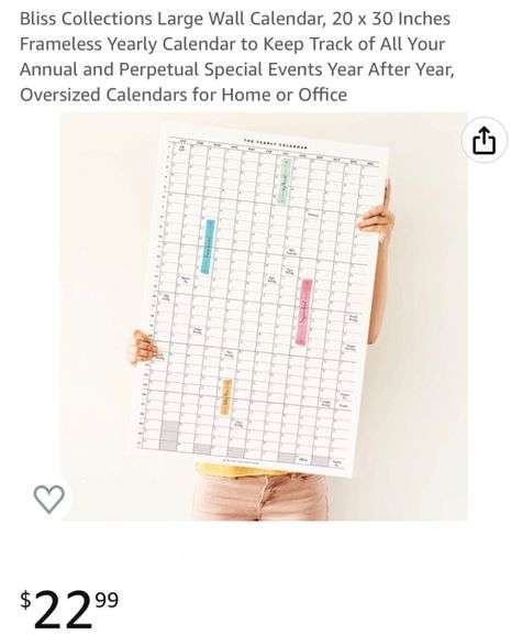 Bliss Collections Large Wall Calendar, 20 x 30 Inches Frameless Yearly ...