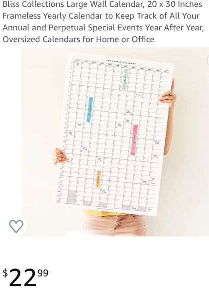 liss Collections Large Wall Calendar, 20 x 30 Inches Frameless Yearly ...