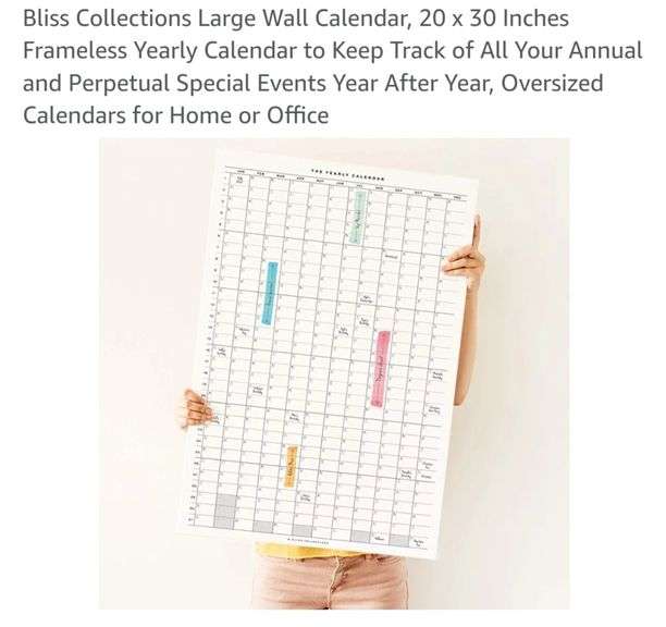 Bliss Collections Large Wall Calendar, 20 x 30 Inches Frameless Yearly ...