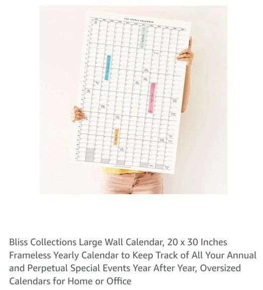 Bliss Collections Large Wall Calendar, 20 x 30 Inches Frameless Yearly ...