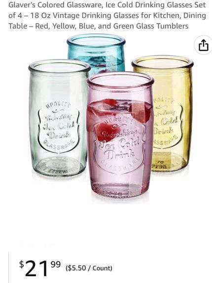Glaver's Colored Glassware, Ice Cold Drinking Glasses Set of 4 – 18 Oz ...