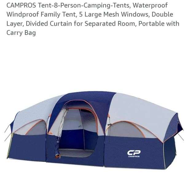 CAMPROS Tent-8-Person-Camping-Tents, Waterproof Windproof Family Tent, 5 Large Mesh Windows ...