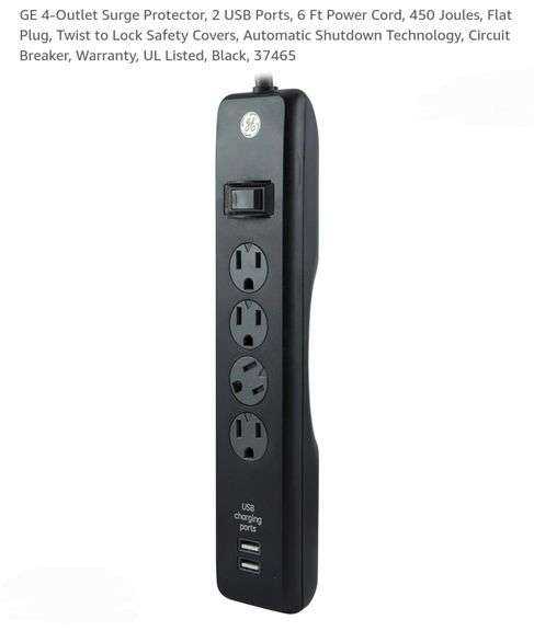 GE 4-Outlet Surge Protector, 2 USB Ports, 6 Ft Power Cord, 450 Joules ...