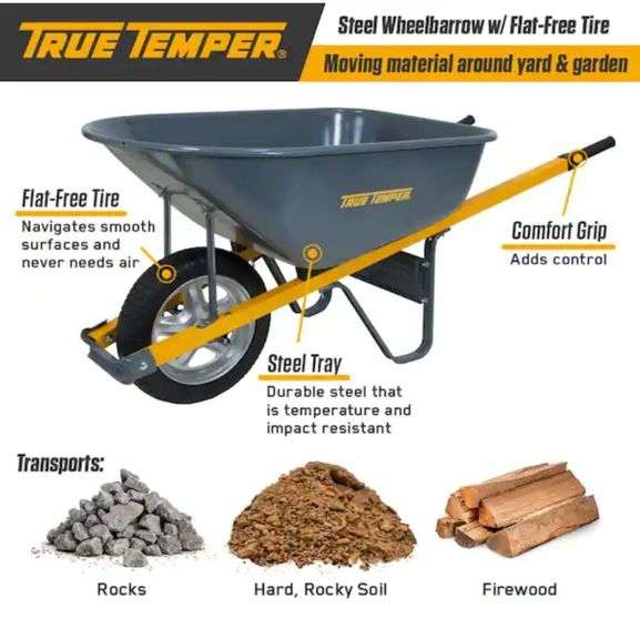 NEW!!! True Temper 6 cu. ft. Wheelbarrow with Steel Handles and Flat ...