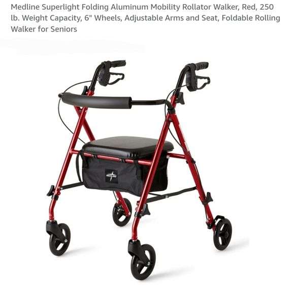 Medline Superlight Folding Aluminum Mobility Rollator Walker, Red, 250 ...