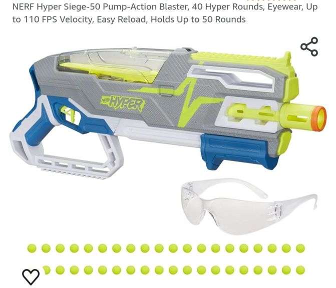 NERF Hyper Siege-50 Pump-Action Blaster, 40 Hyper Rounds, Eyewear, Up ...