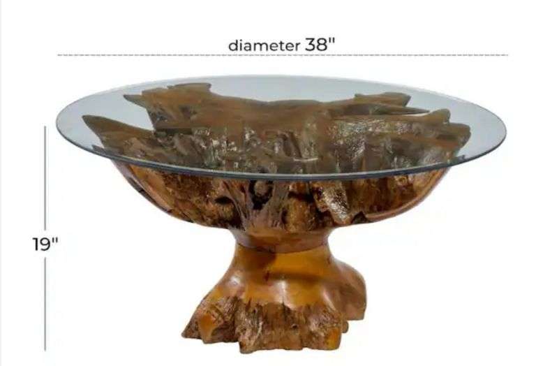 Read! Litton Lane 38 in. Brown Teak Wood Round Glass Top Coffee Table ...